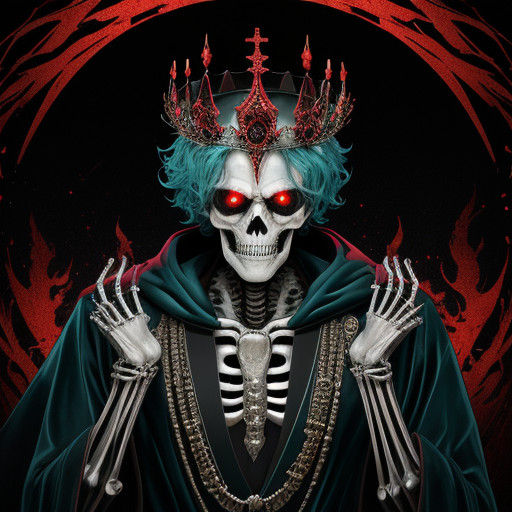 Majestic Skeleton in Teal Robe Reigns with Glowing... - AI Art