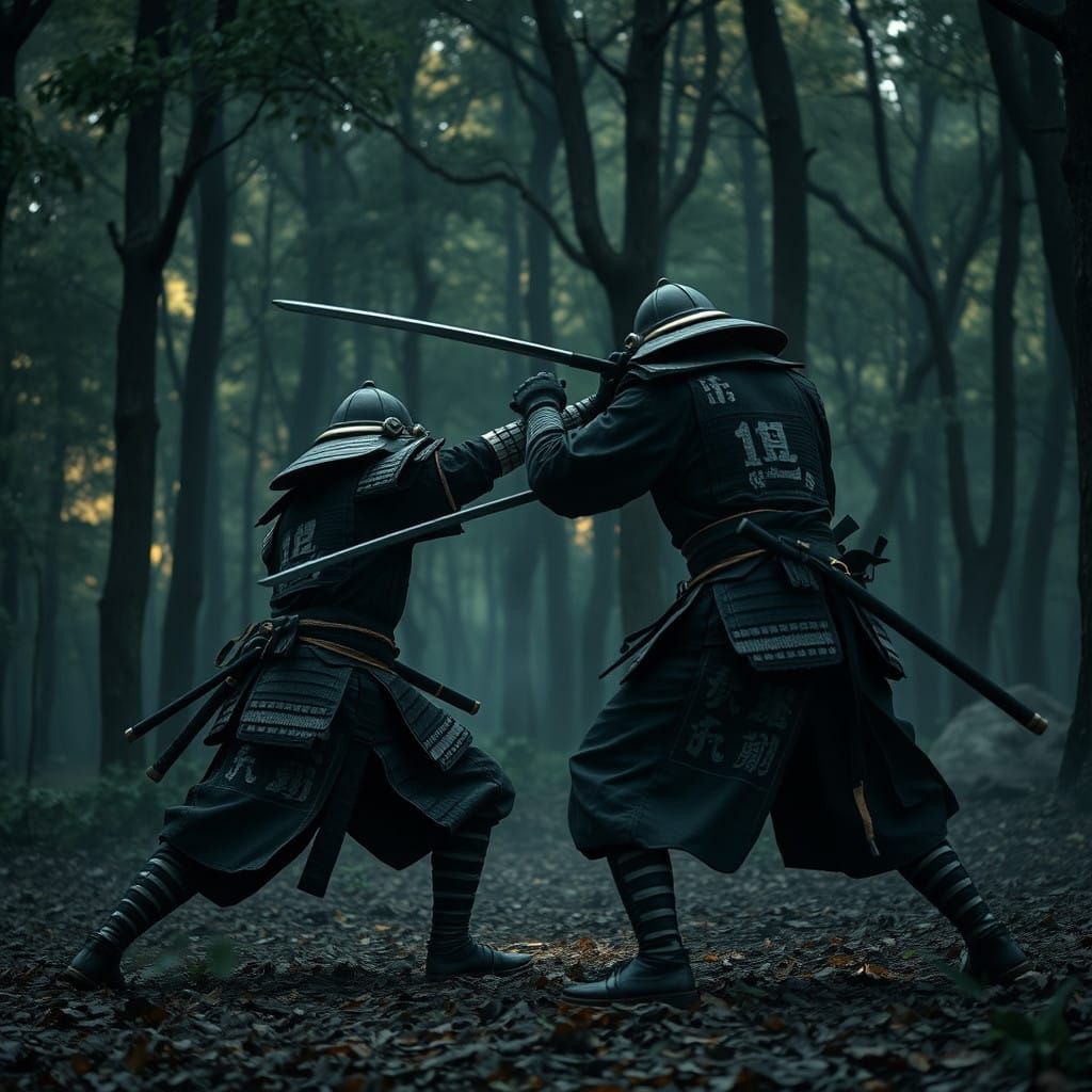 Fighting Samurais - Samurai Warriors Clash in a Forest Glade