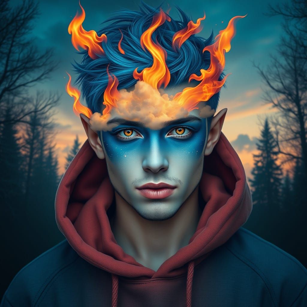 Night sky elven(2) - Surreal Male Elf with Vivid Blue Hair a...