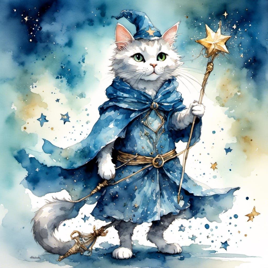 White and grey cat, wearing a blue wizard costume with sliver stars on ...