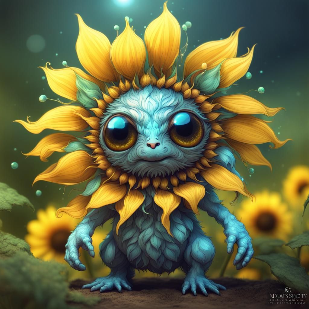 adorable chibified fluffy sunflower creature:: big shiny prismatic hues eyes - AI Generated ...