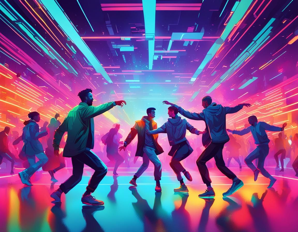 people dancing vigorously on dance floor triadic colors digital ...