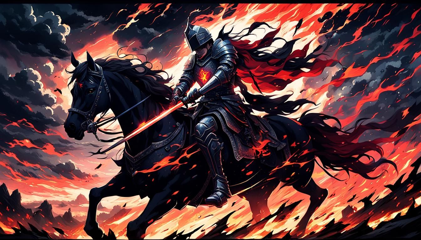 Heroic Knight Rides Out of Fiery Skies with Blazin... - AI Art