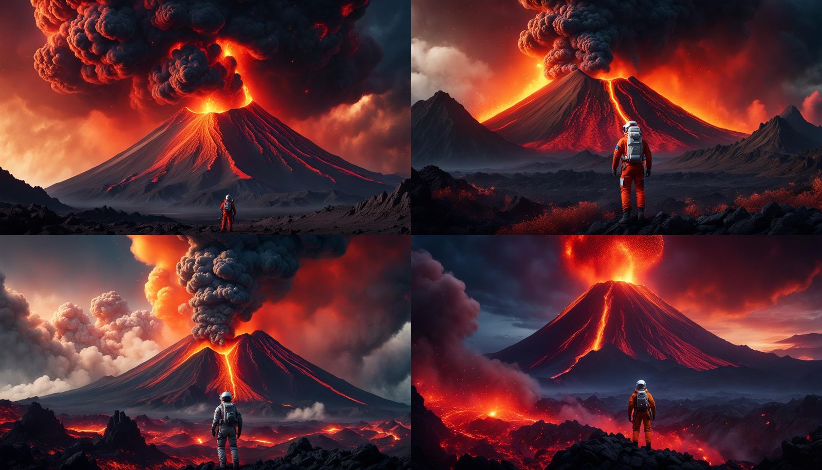 A volcano eruption with an astronaut looking at the volcano from afar ...