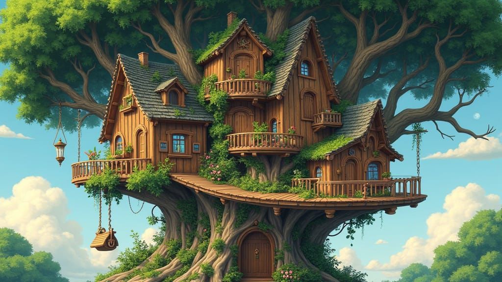 Enchanted Treehouse in Whimsical Fantasy Style - AI Art