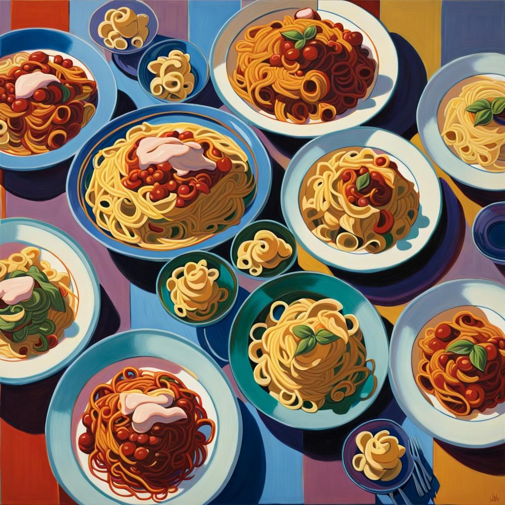 Art by Wayne Thiebaud, pop art pasta feast, plates of spaghetti ...