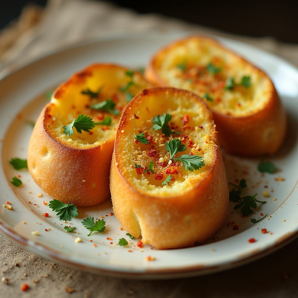 White plate, 3 crunchy delicious shallot and garlic bread with chilli ...