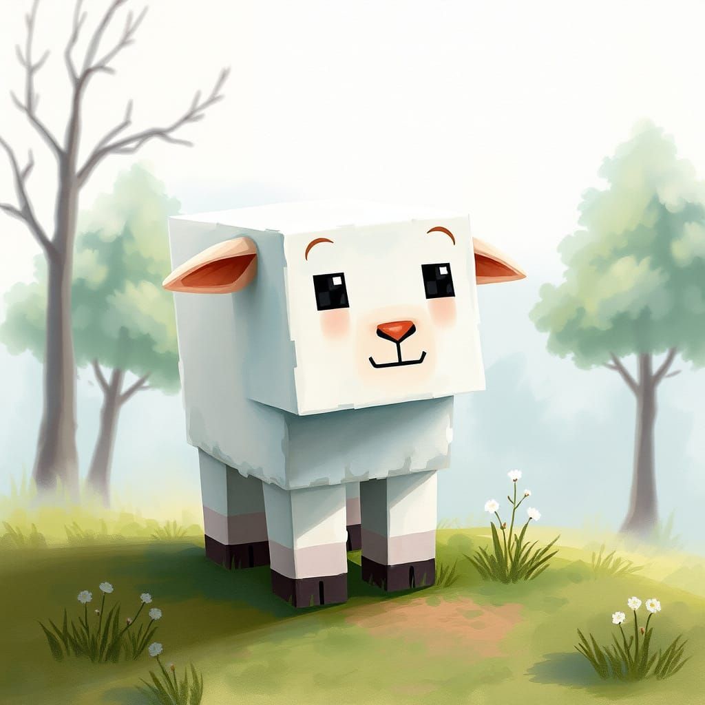 withe cube sheep minecraft watercolor