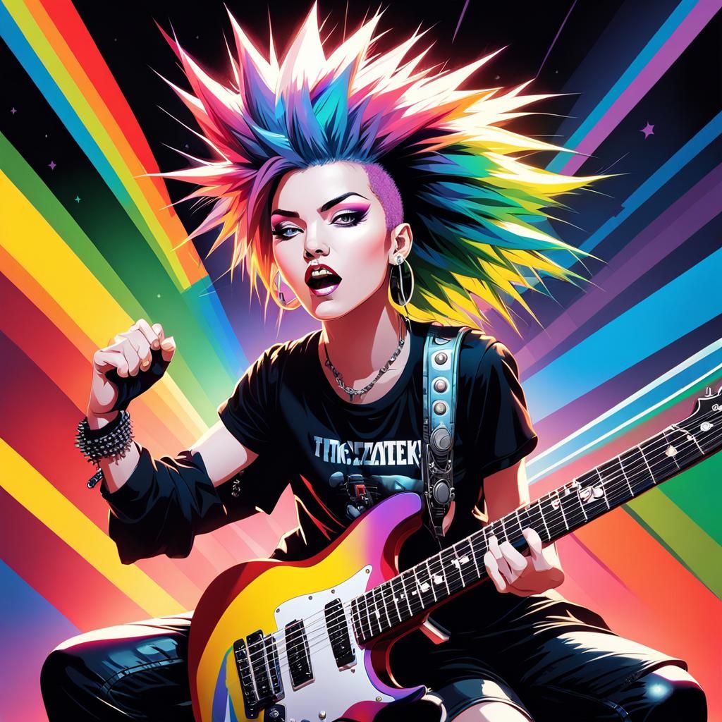Punk woman with rainbow hair playing electric guitar - AI Generated ...