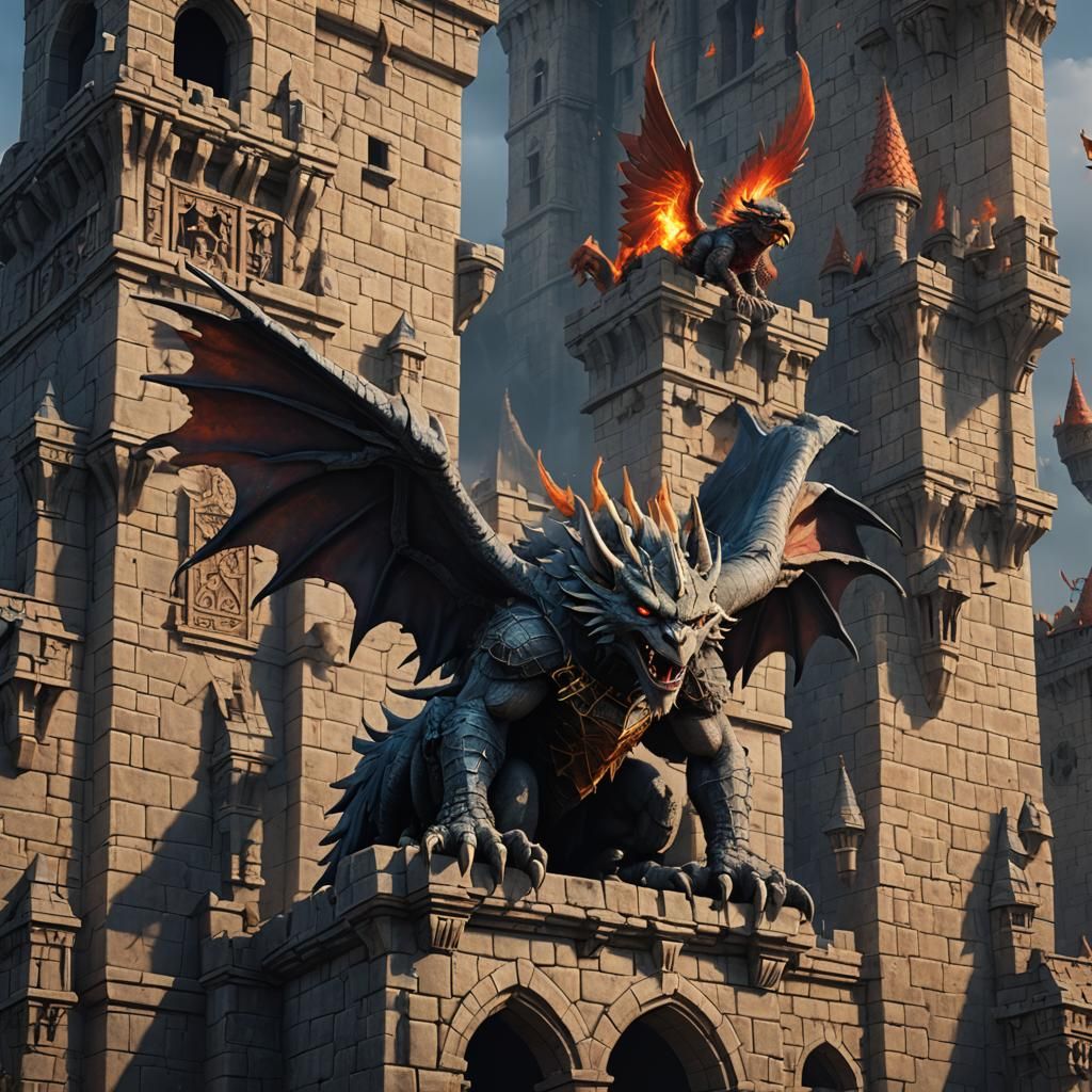 multiple small men sized gargoyles guarding castle battlements ...