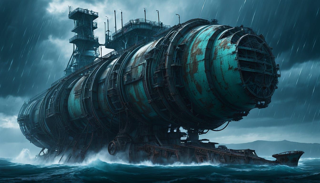 A colossal, hyperrealistic, mechanized platform ascends with immense ...