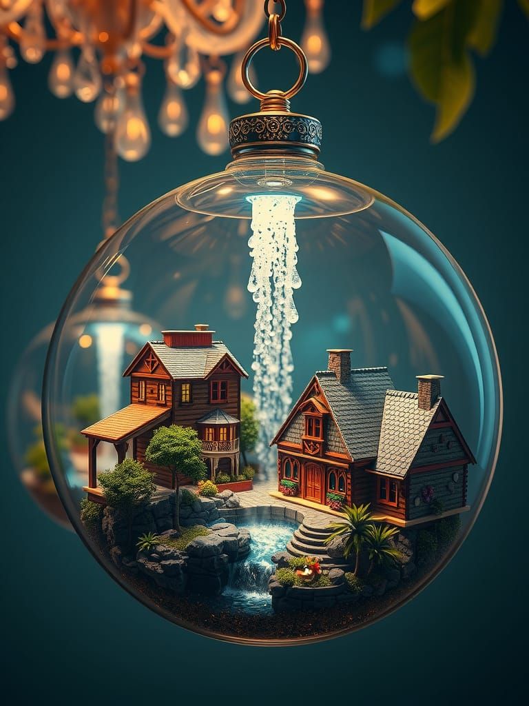 Terrariums in globe shapes, containing tiny, intricate houses.