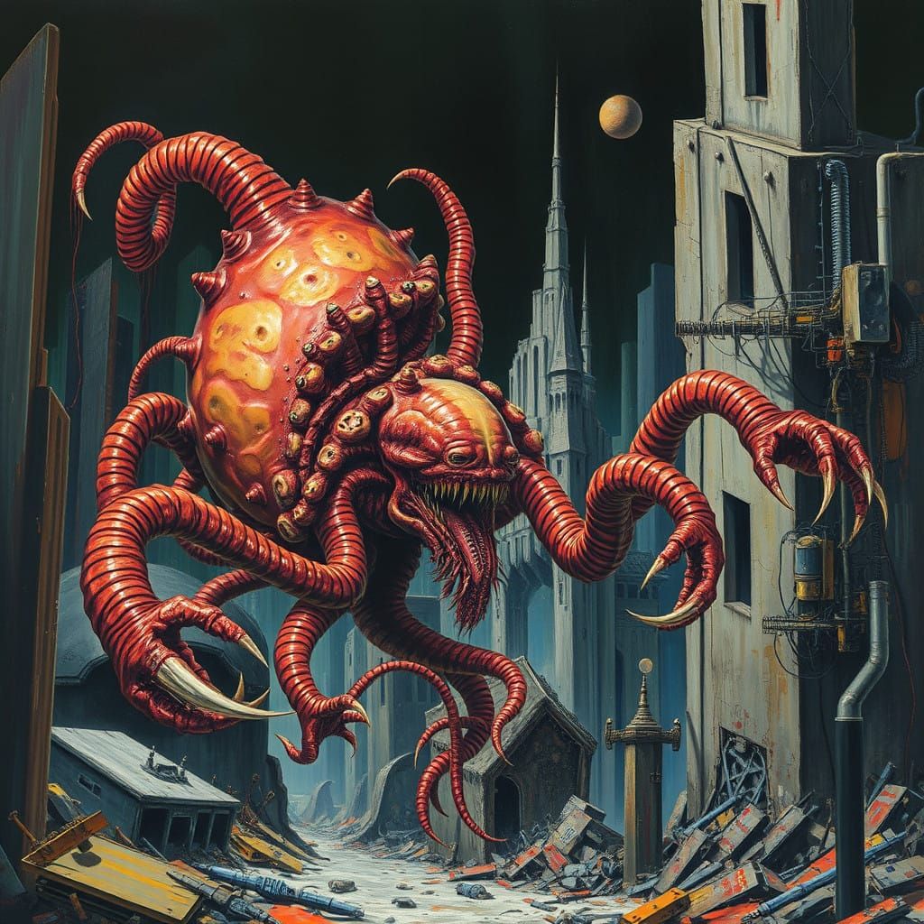 Grotesque Biomechanical Surrealism in Gouache - AI Art