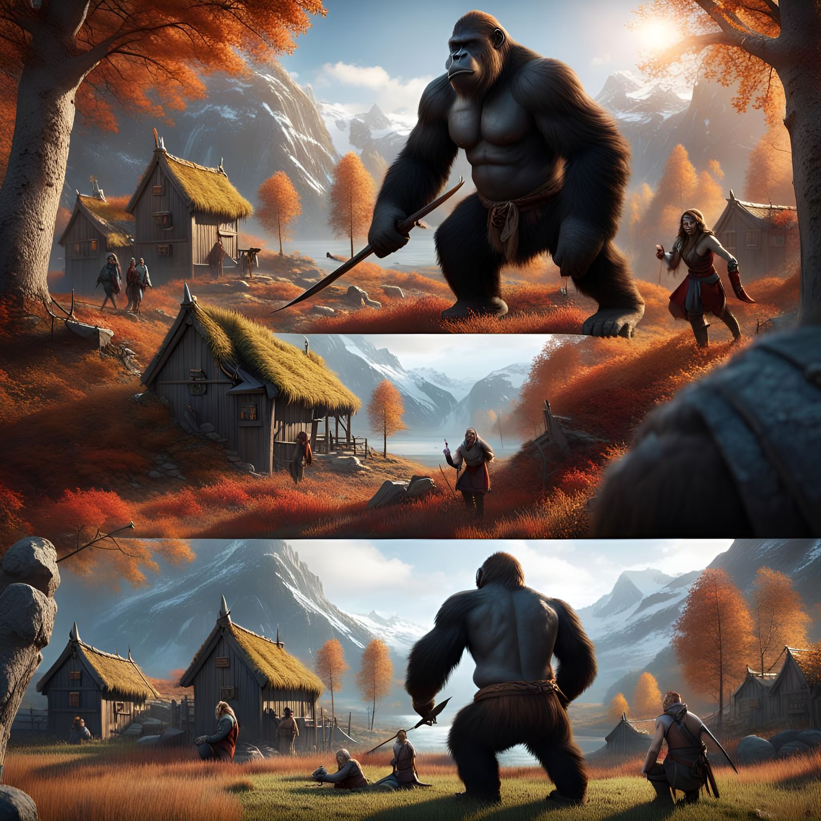 Sci-fi Fusion of gorilla meeting a viking in a Scandinavian village ...