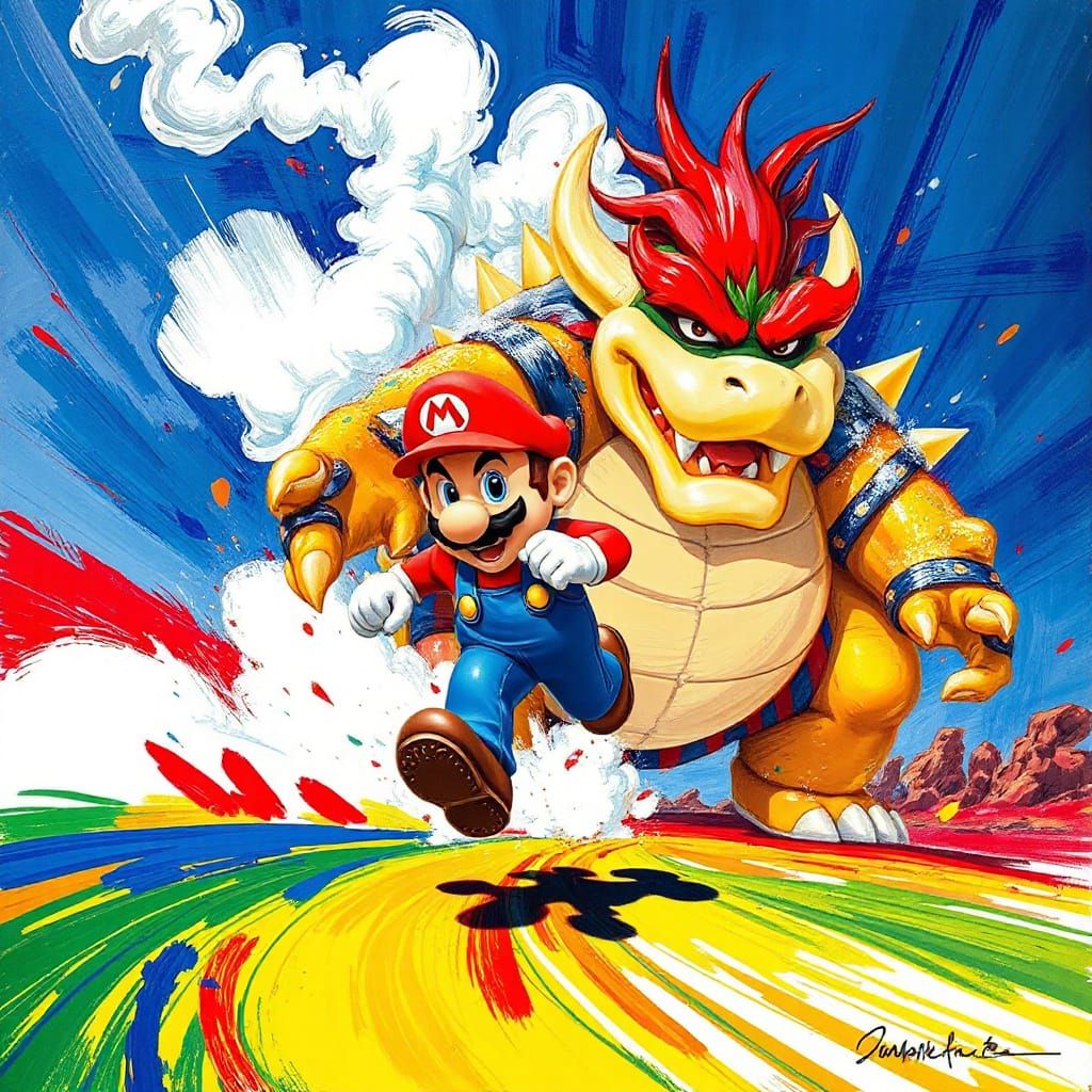 Mario Running Away from Bowser - Vibrant Mario Runs from Bow...
