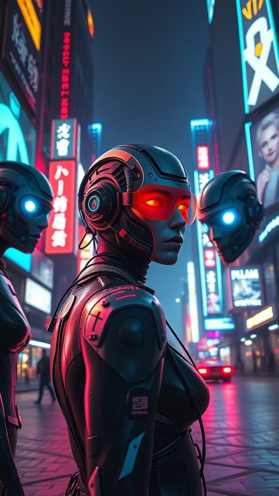 A futuristic scene, featuring tech-enhanced characters with cybernetic ...