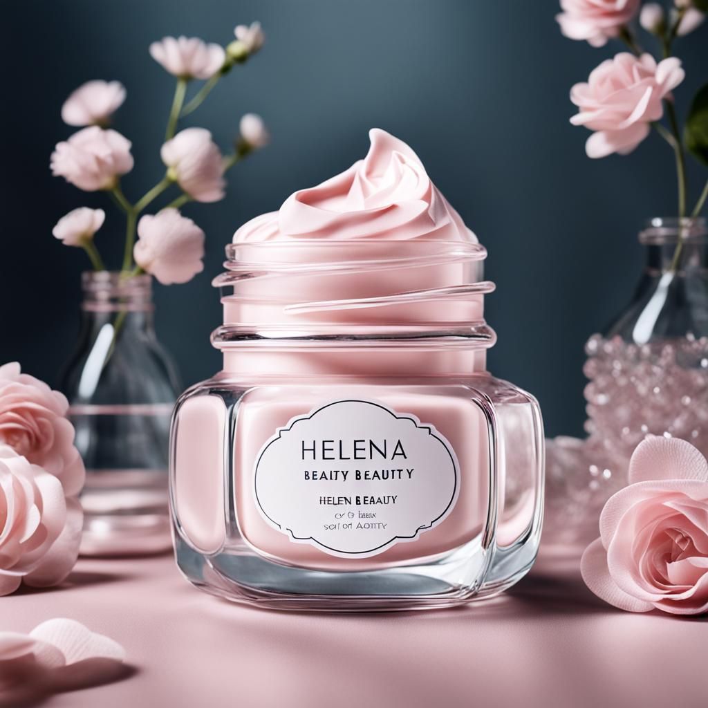 Face cream in crystal jar, soft pink colours, on a jar there are words ...