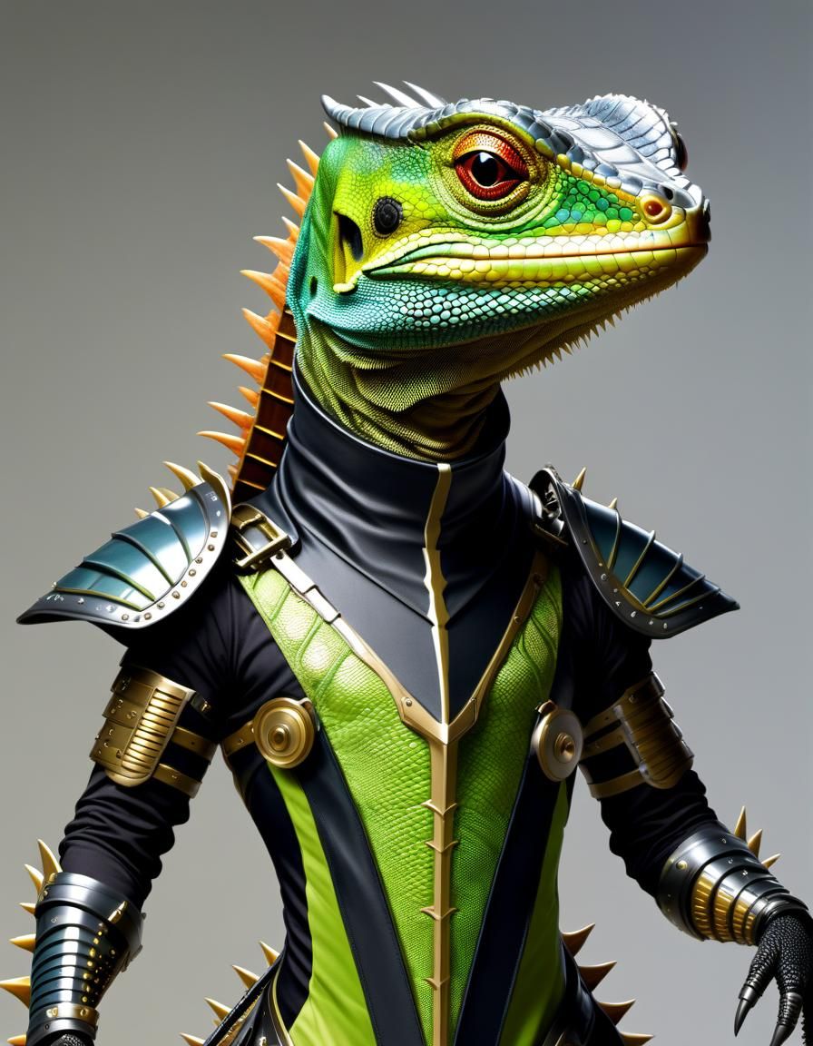 biopunk anthropomorphic lizard in biochemical fabric armor - AI ...