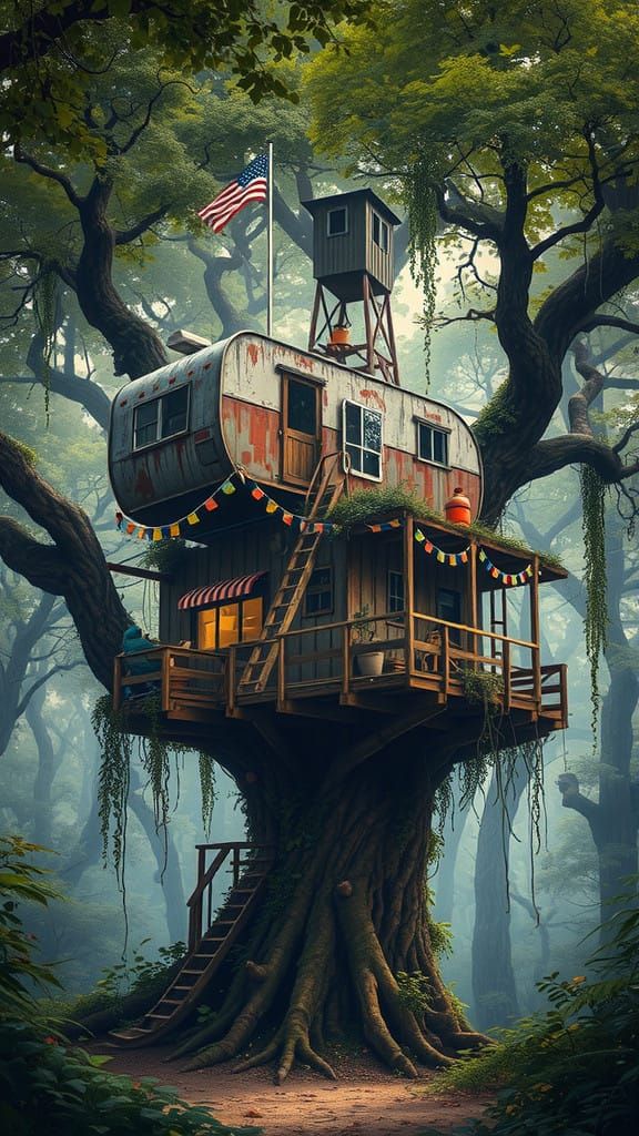Vintage Treehouse in a Gnarly Oak Tree - AI Art