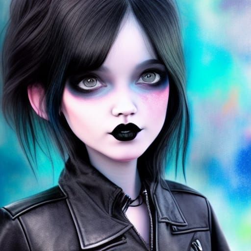 The blushing goth girl wearing a black leather jacket. Realistic ...