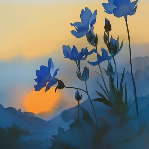 big blue flowers and buds silhouetted by a pale misty rising sun, Blake ...