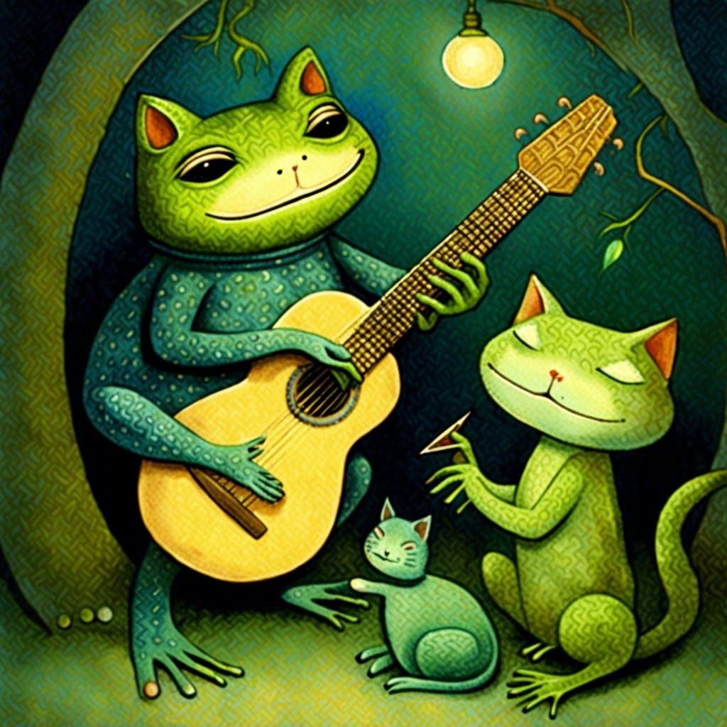 Frog and Cat are playing guitar together/storybook illustration ...