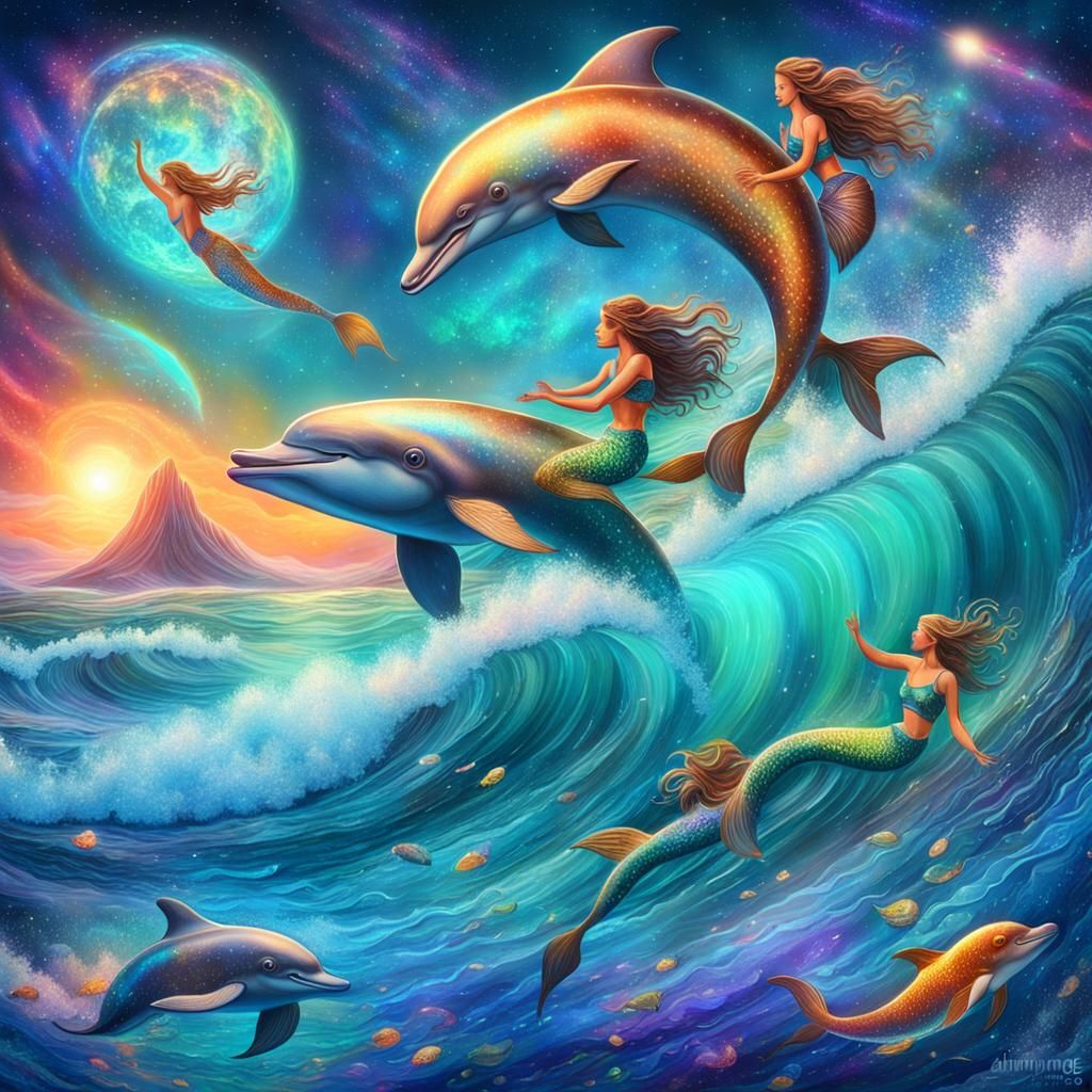 Mermaids riding Dolphins jumping over ocean waves - AI Generated ...