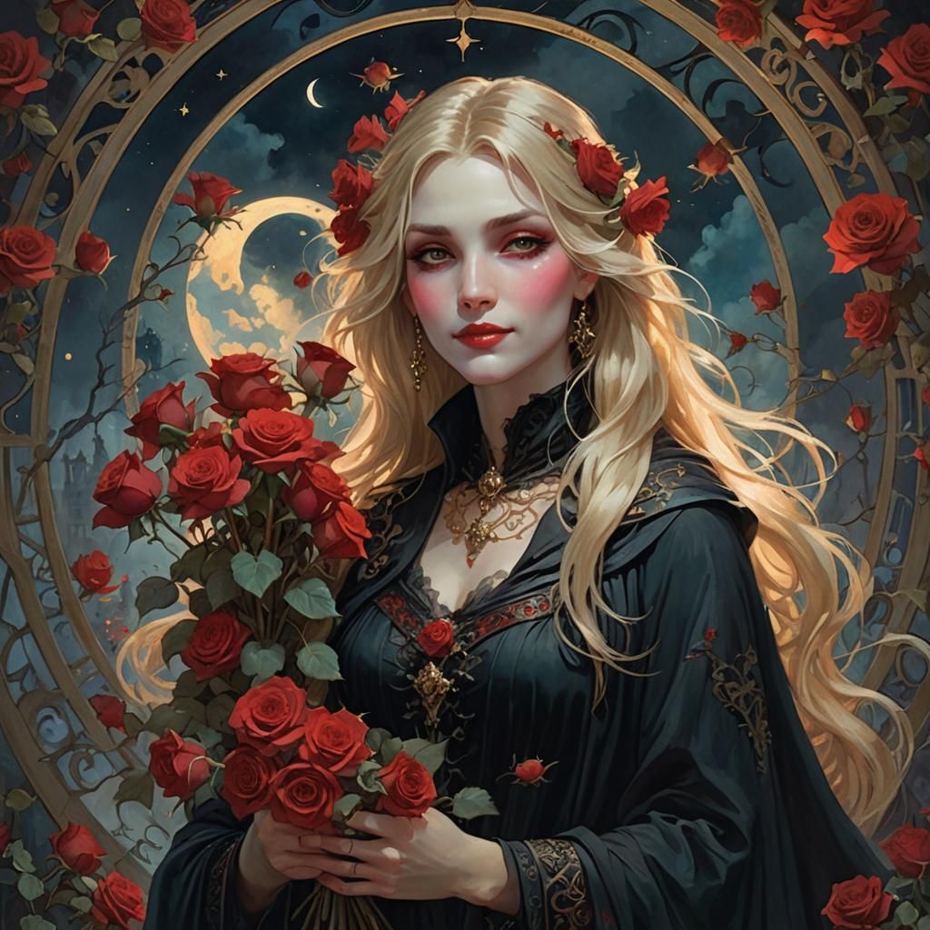 Beautiful vampire with red roses - AI Generated Artwork - NightCafe Creator