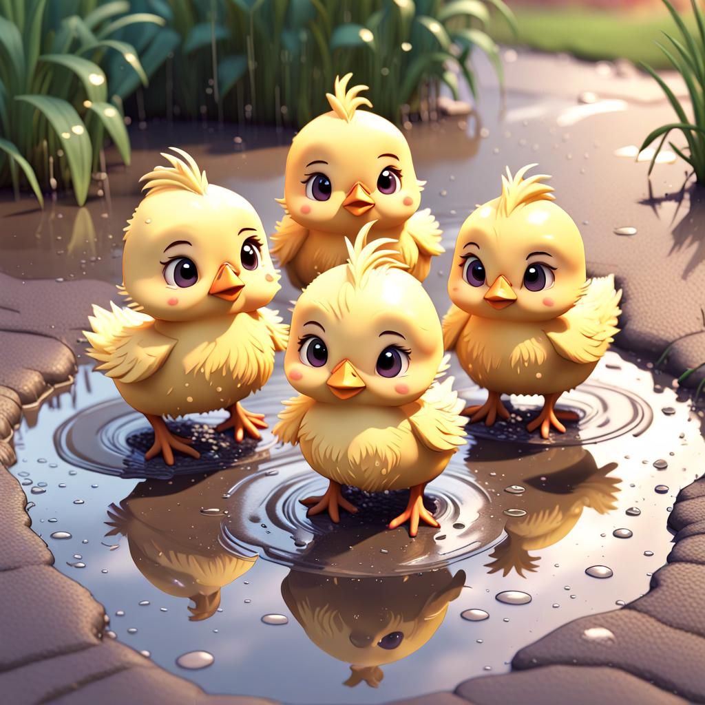 chibi chicks playing in water puddles with chibi Faries - AI Generated ...