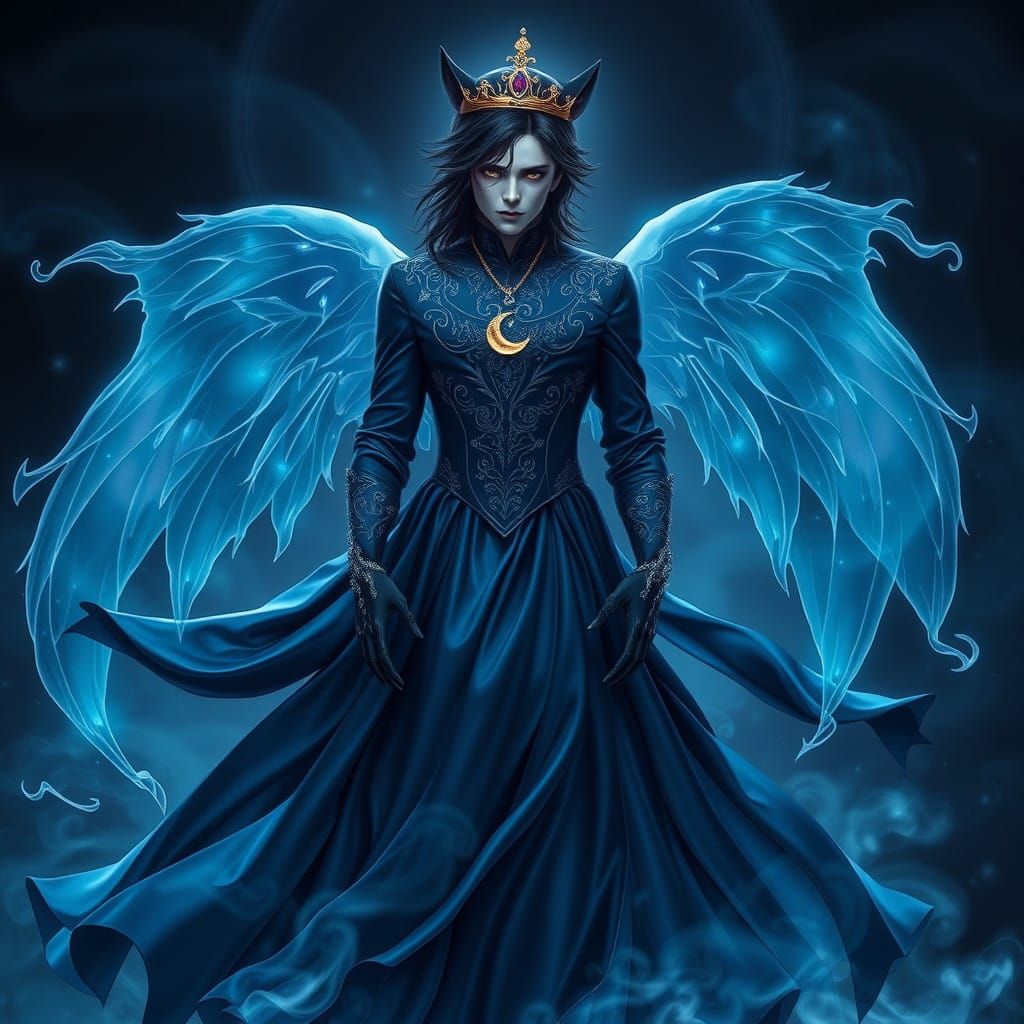 Ethereal Male Figure in Midnight Blue Satin Basque... - AI Art