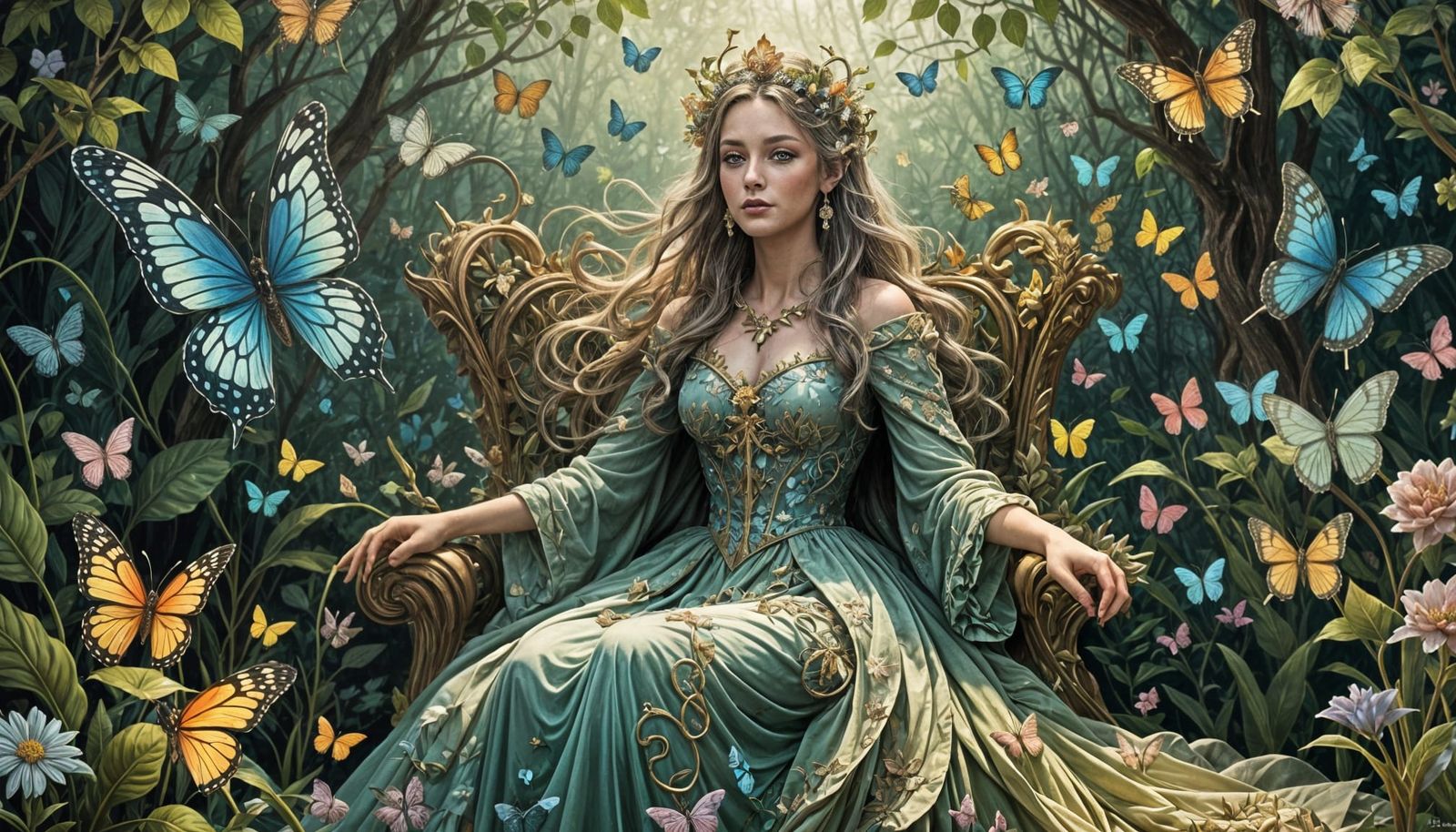 The Fey Queen in a Millefleurs Butterfly Gown, Fan... - AI Art