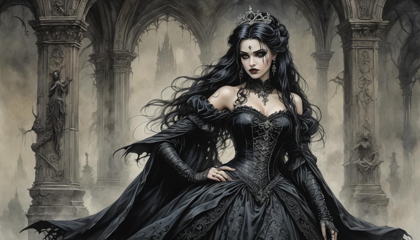 An extremely gothic Disney Princess, in the style of a brightly-colored ...