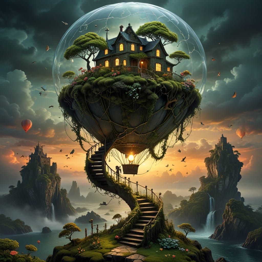 Suspended glass sphere house - Surreal Surrender: A Dreamy,