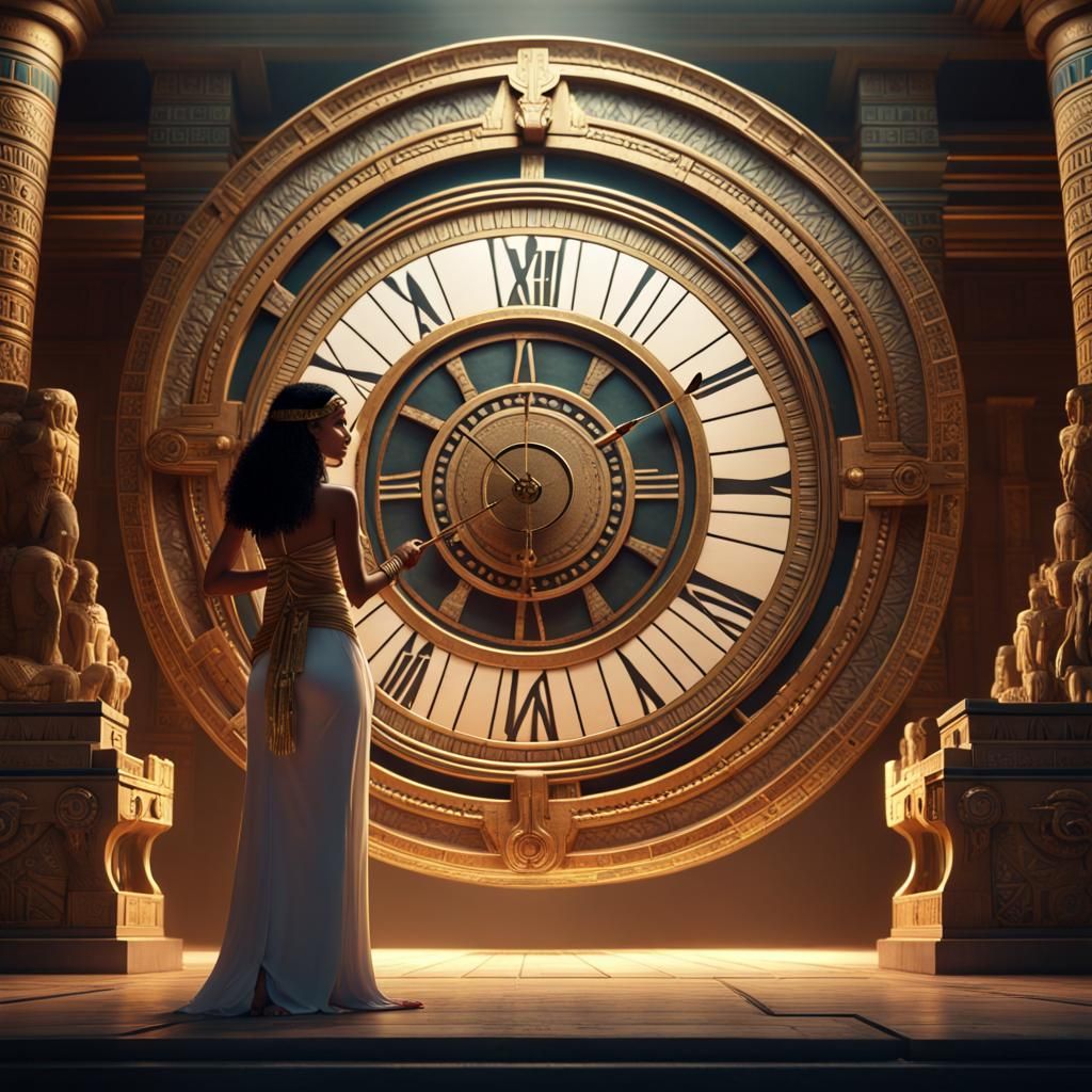 A BEAUTIFUL EGYPTIAN GODDESS READING A HUGE ANCIENT SHADOW CLOCK, WIDE ...