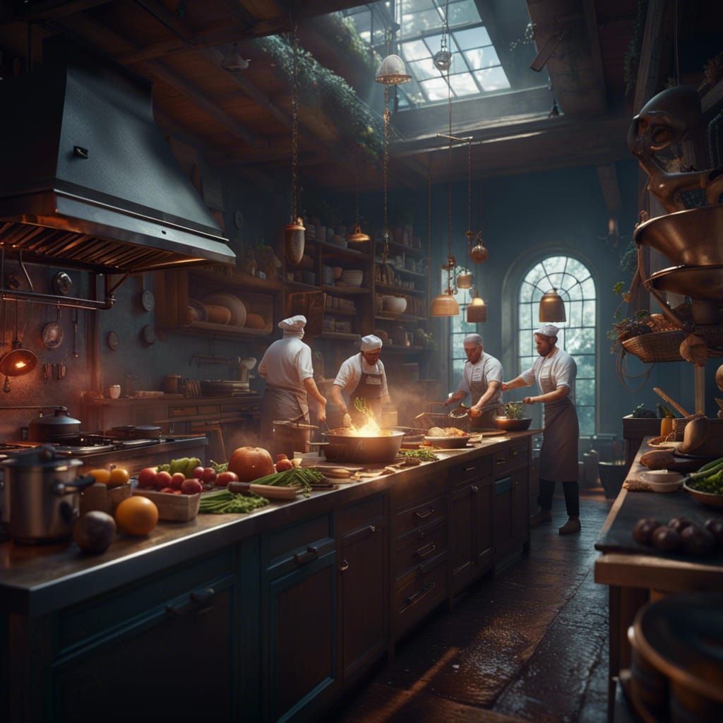 Chefs cooking in the kitchen. - AI Generated Artwork - NightCafe Creator