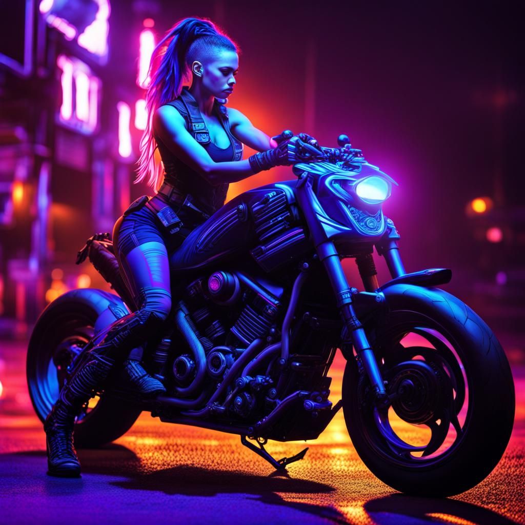 black light biker girl, ultraviolet, ultra violet art, mohawk ...