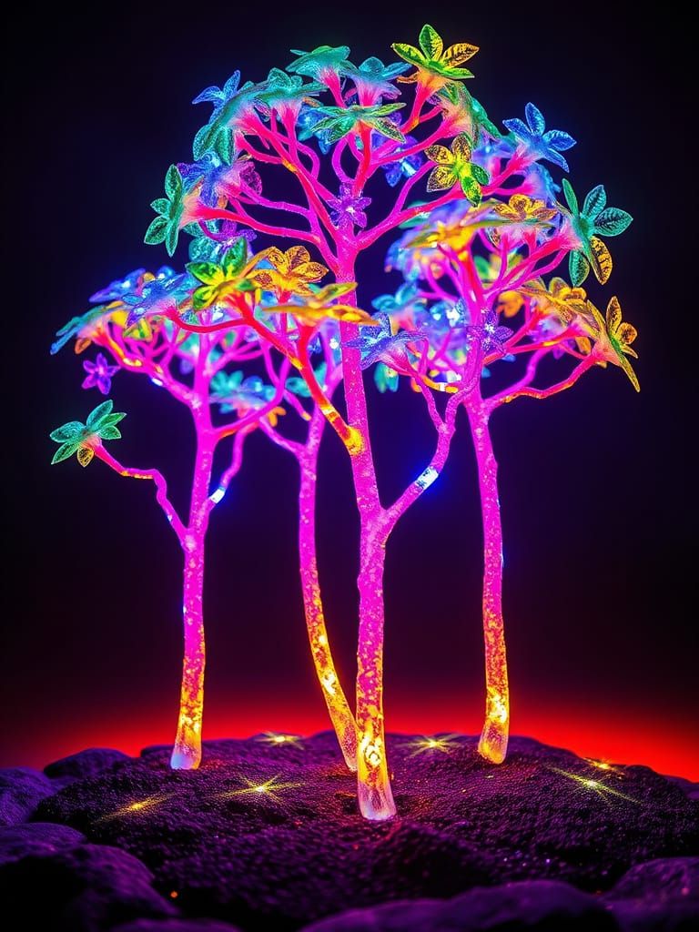 Electric Dreamscapes: Glass Fiber Trees in Neon Ac... - AI Art