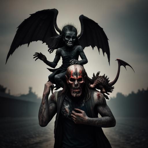 Demon escaping from hell carrying a dead angel - AI Generated Artwork - NightCafe Creator