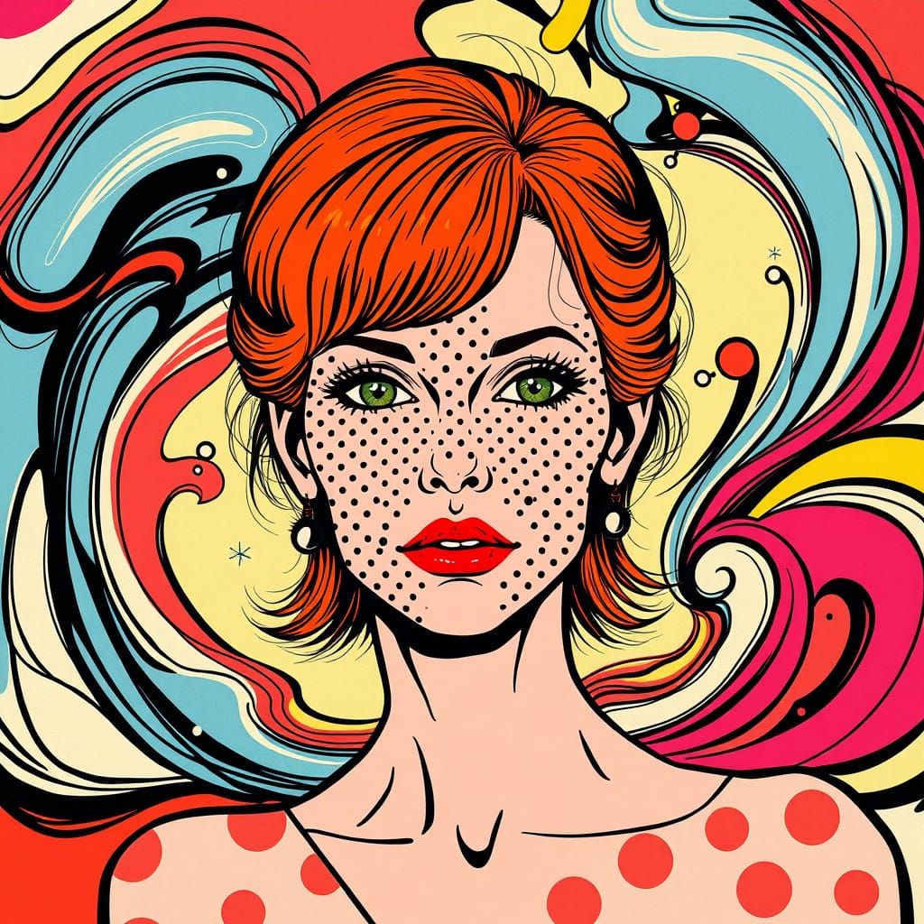 Pop Art Portrait: Polka Dot Woman with Swirling Sh... - AI Art