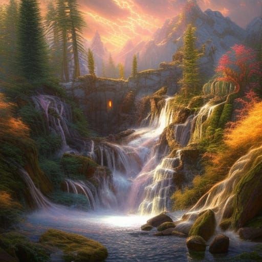 "waterfall - Glowing Twilight Waterfall in Hyper-Detailed La...
