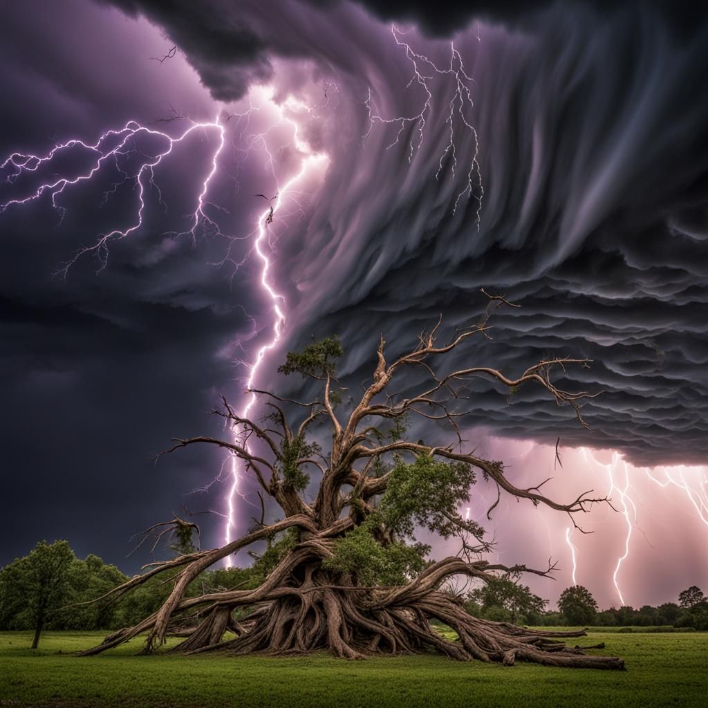 A savage tornado with lightning splitting trees and winds ripping up ...