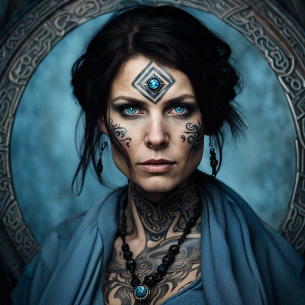 A Beautiful and tenebrous sorceress whith pale blue eye and dark brown hair wearing some runic ...