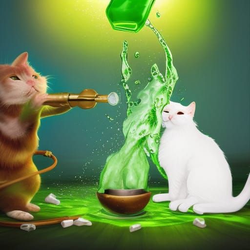 White cat making potions from a cauldron of green liquid clear face ...