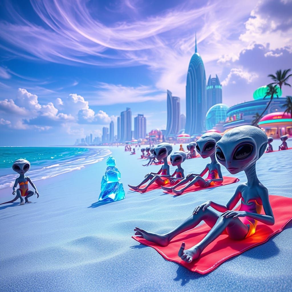 alien beach - Futuristic Aliens Soar on Intergalactic Beach