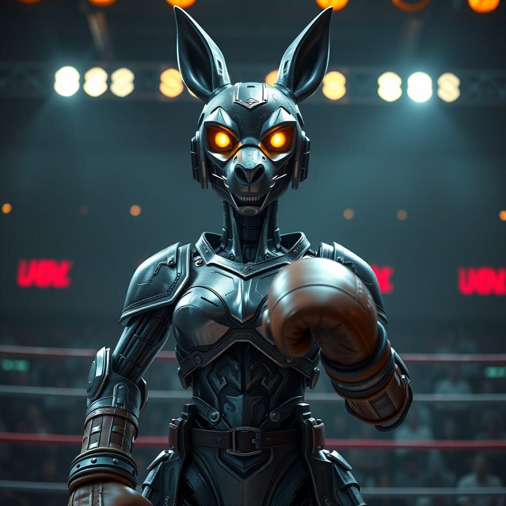 Cyberpunk Robot Kangaroo Wrestles in Neon Arena - AI Art
