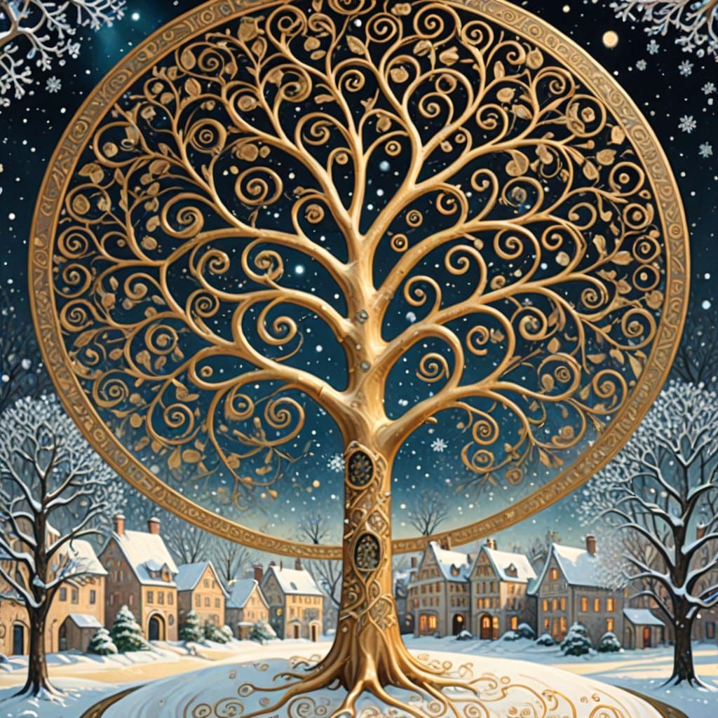 Snowy Golden Art Nouveau - tree of life