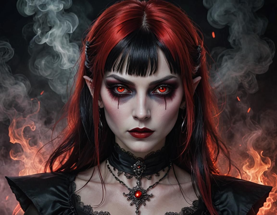 The vampire woman, featuring piercing red eyes, boasts multi-colored ...