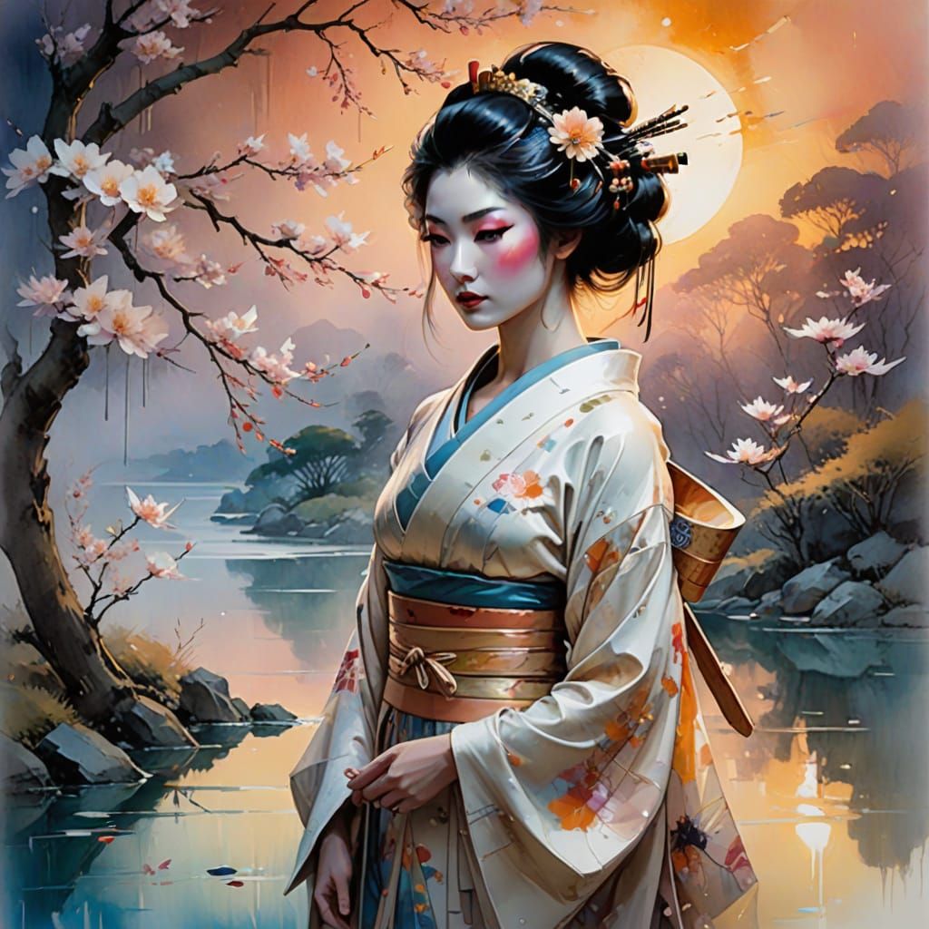 Ethereal Geisha in Whimsical Blossom Tree Watercol... - AI Art
