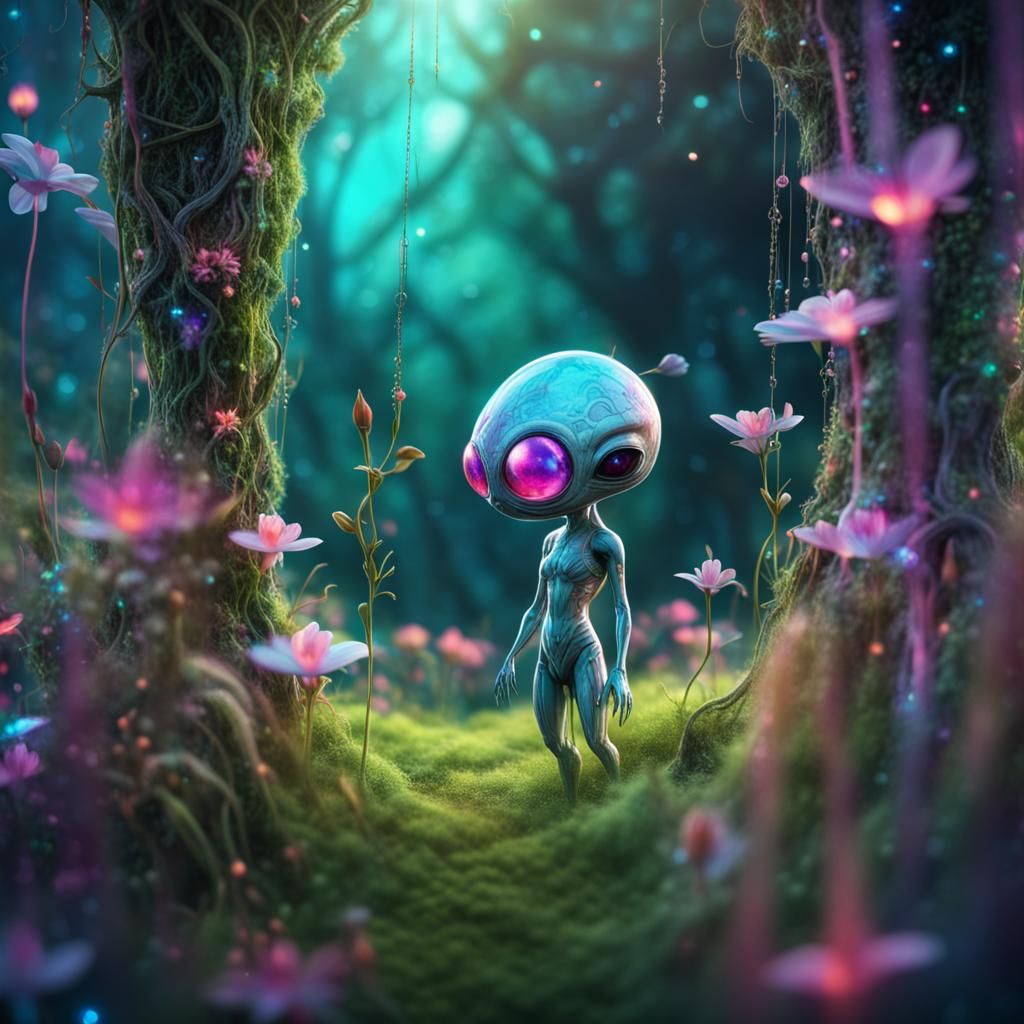 Tiny creature looking through the grass of a mystical alien forest rich ...
