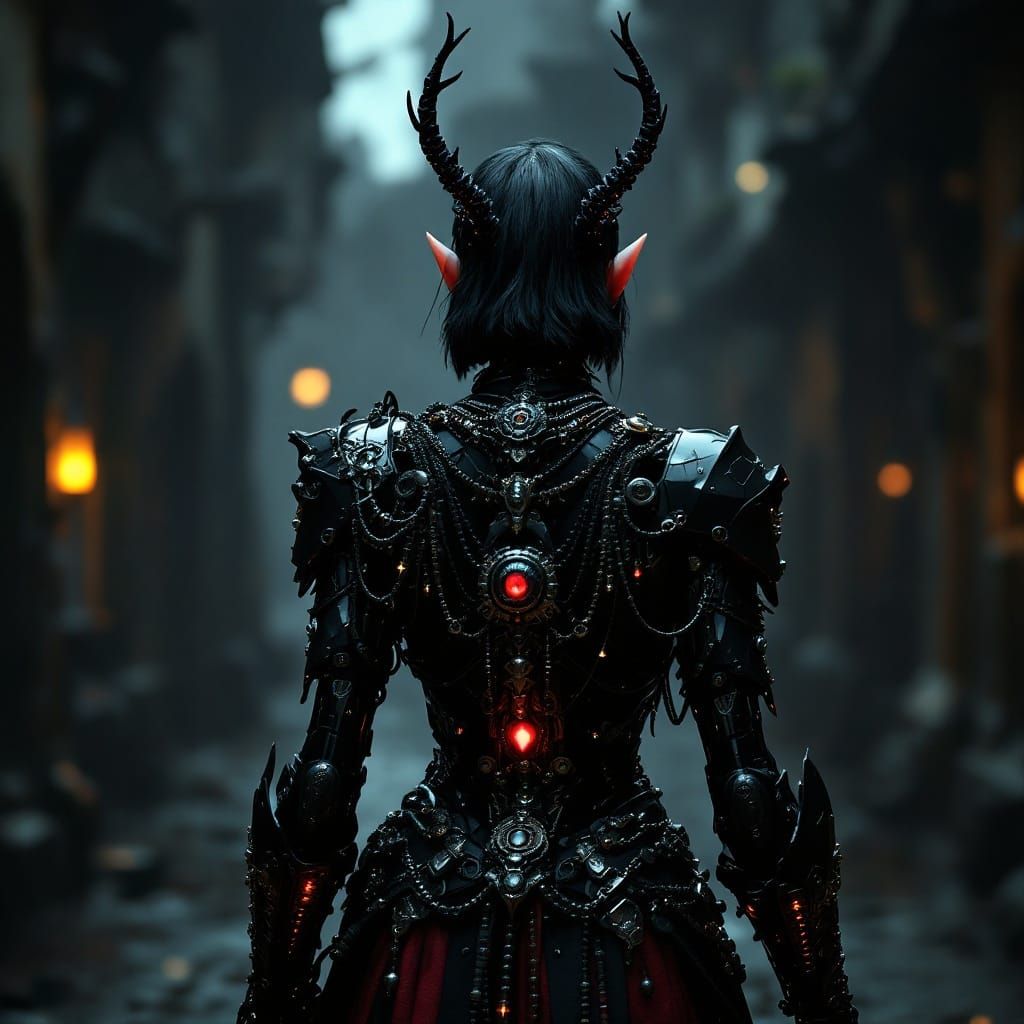 Enigmatic Elf Cyborg Thief in Dark Fantasy Armor - AI Art